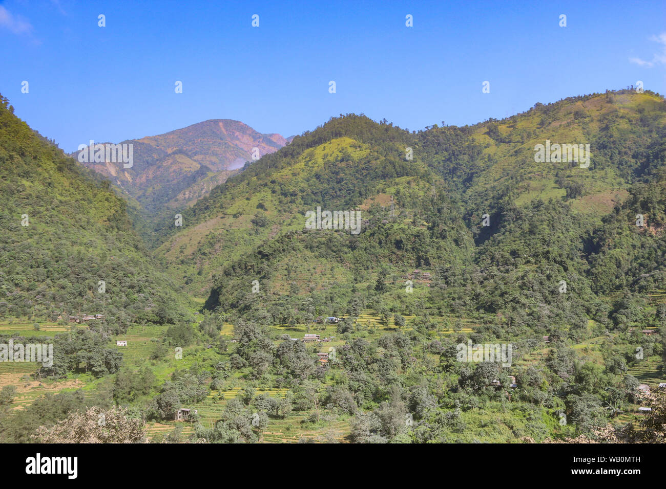 Stunning view of the Himalayan valleys and foothills, driving from ...
