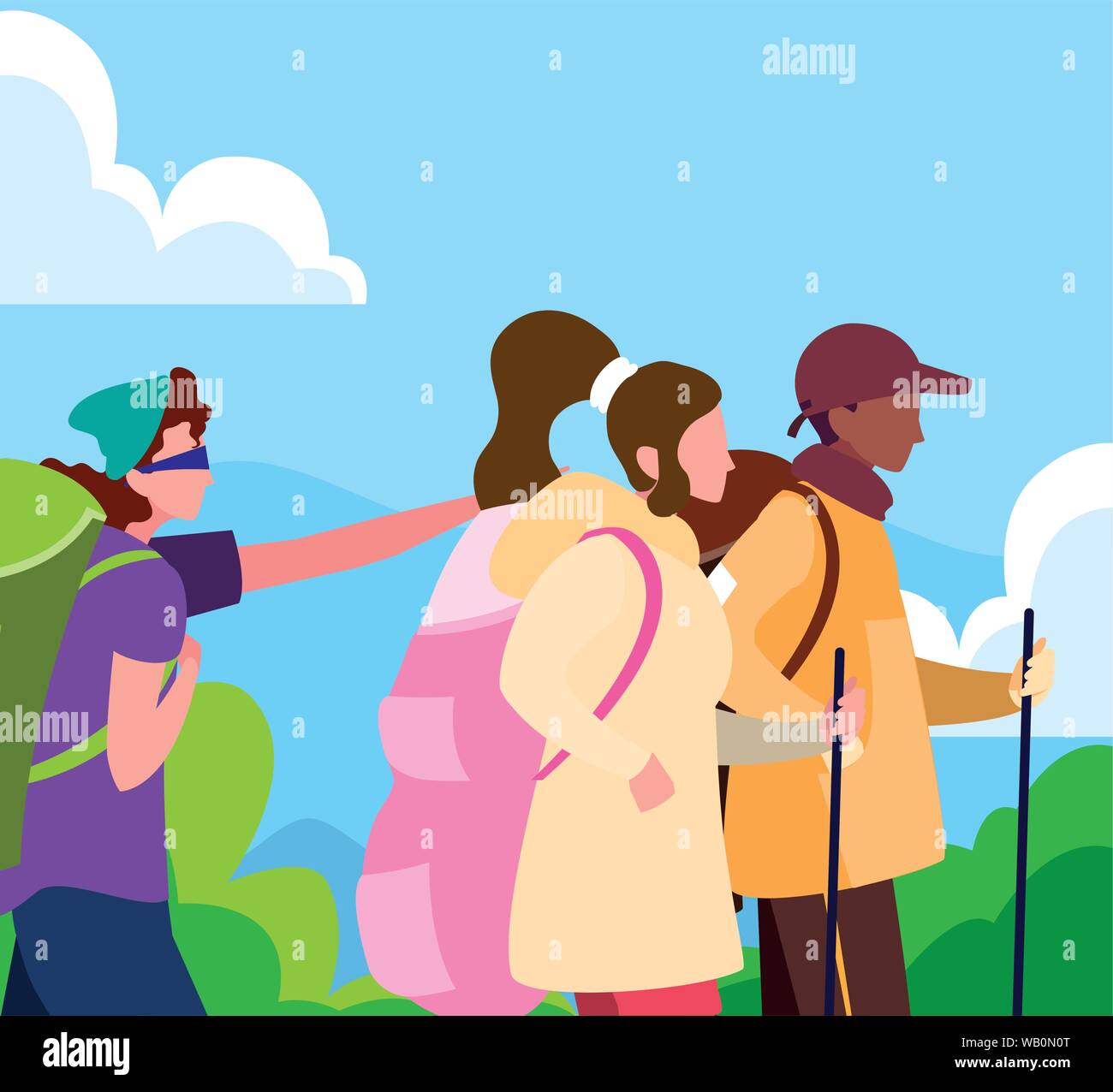 young group people with backpacks hiking wanderlust vector illustration ...