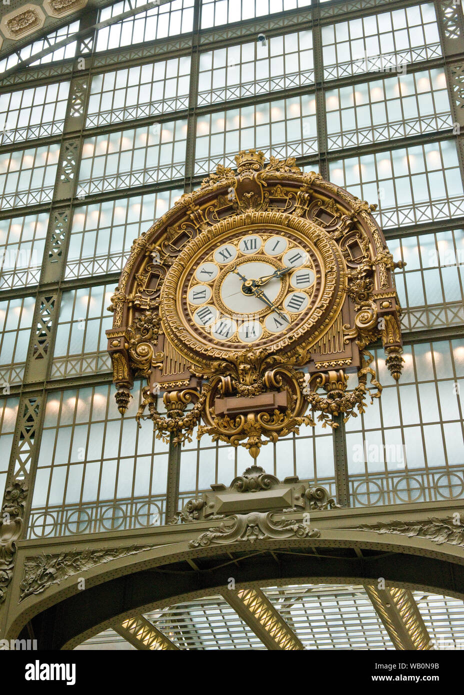 Clock of the old railway station in main hall of Musee d`Orsay. Paris ...