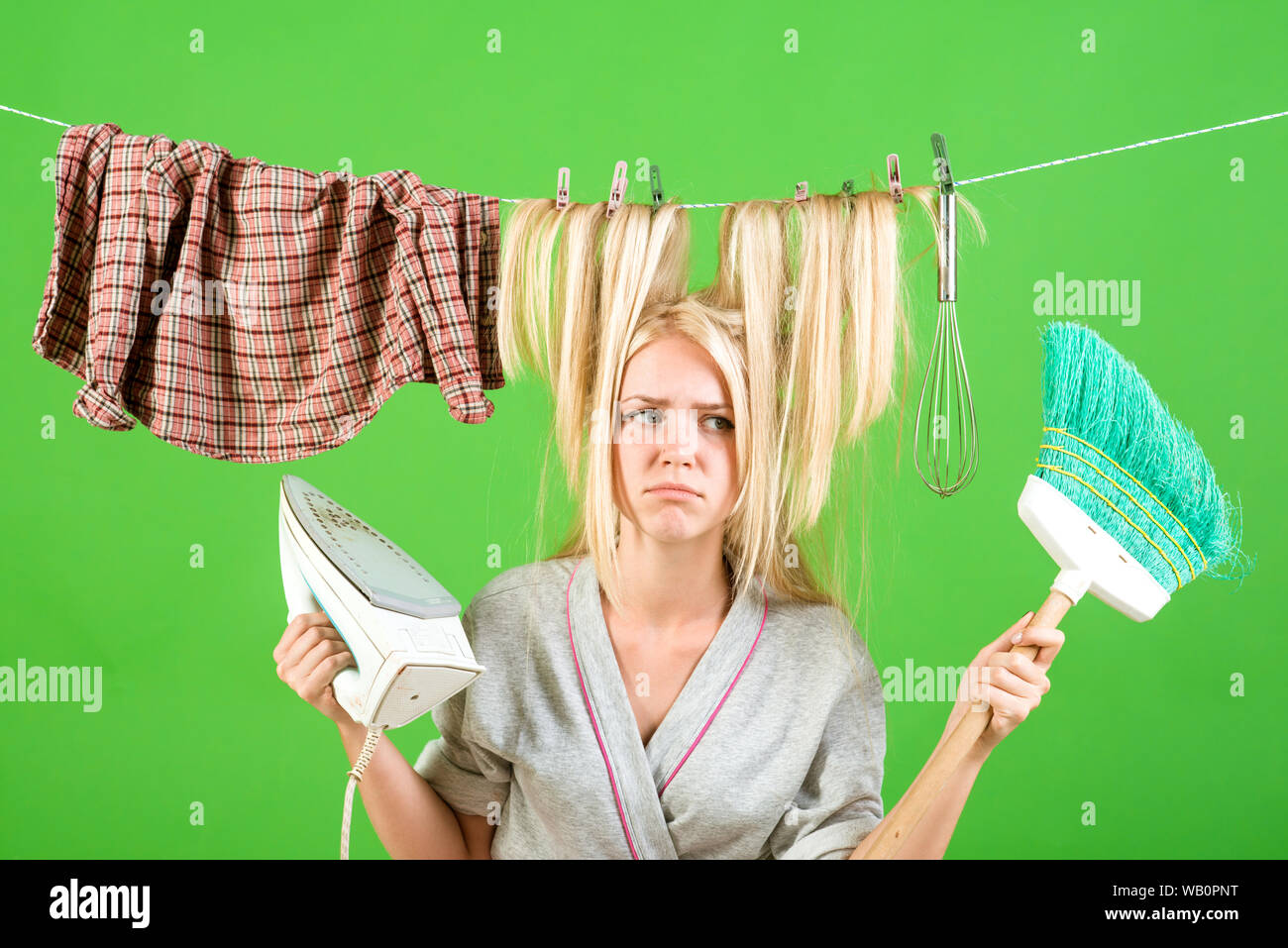 Vintage housekeeper woman. Maid or housewife cares about house. Busy ...