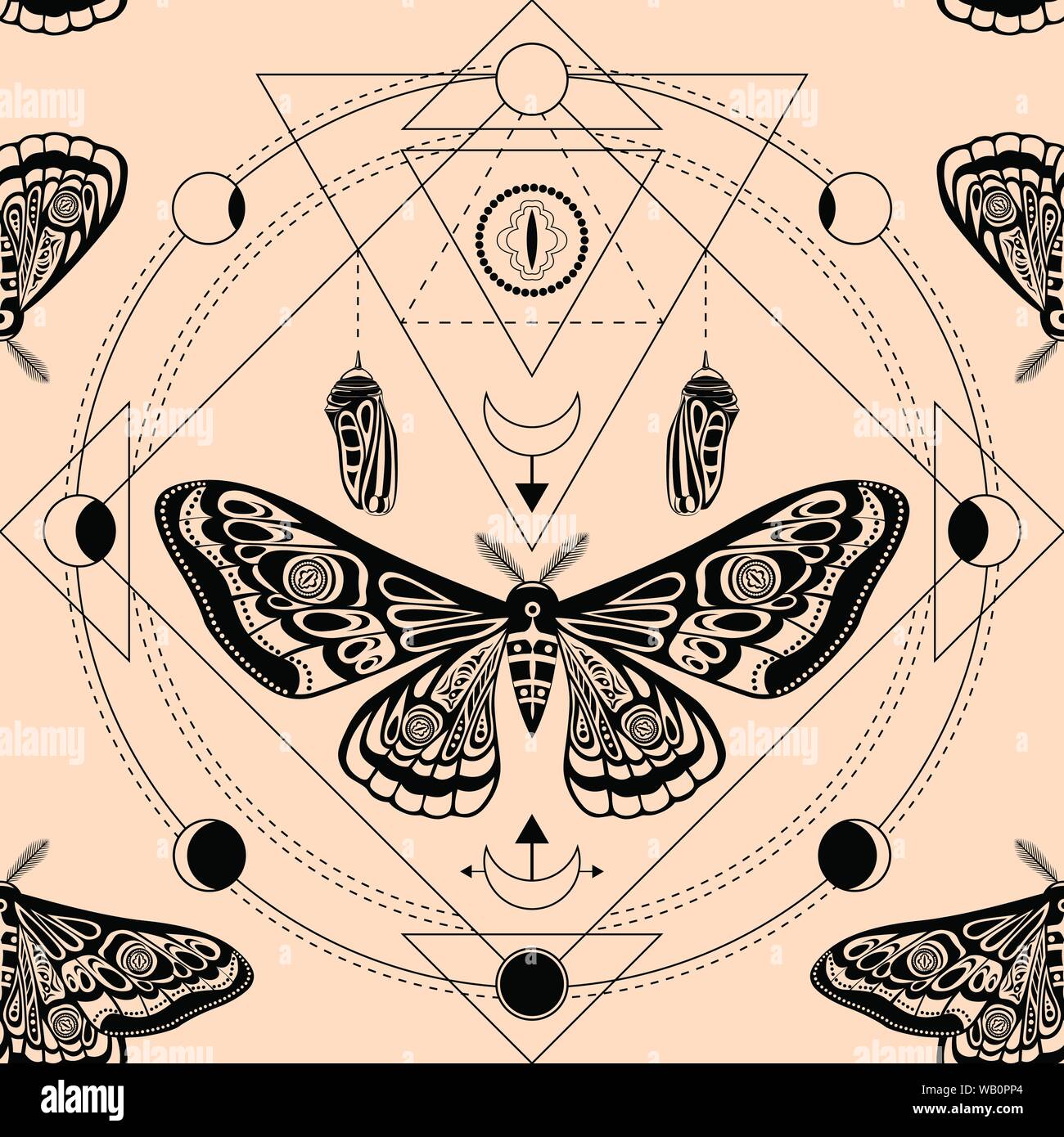 Night moth, butterfly pupa. Sacred geometry, esoteric symbols. Vector ...