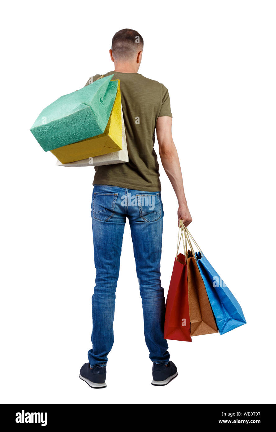 Back view of man with shopping bags. backside view of person. Rear view ...