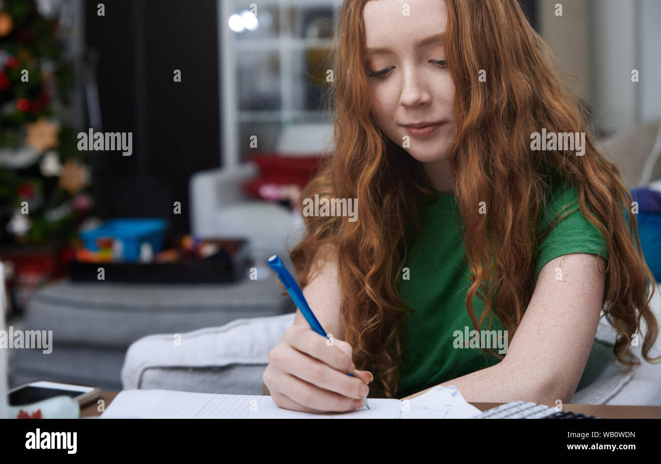 Teenage girl (13-15 years) doing homework Stock Photo - Alamy