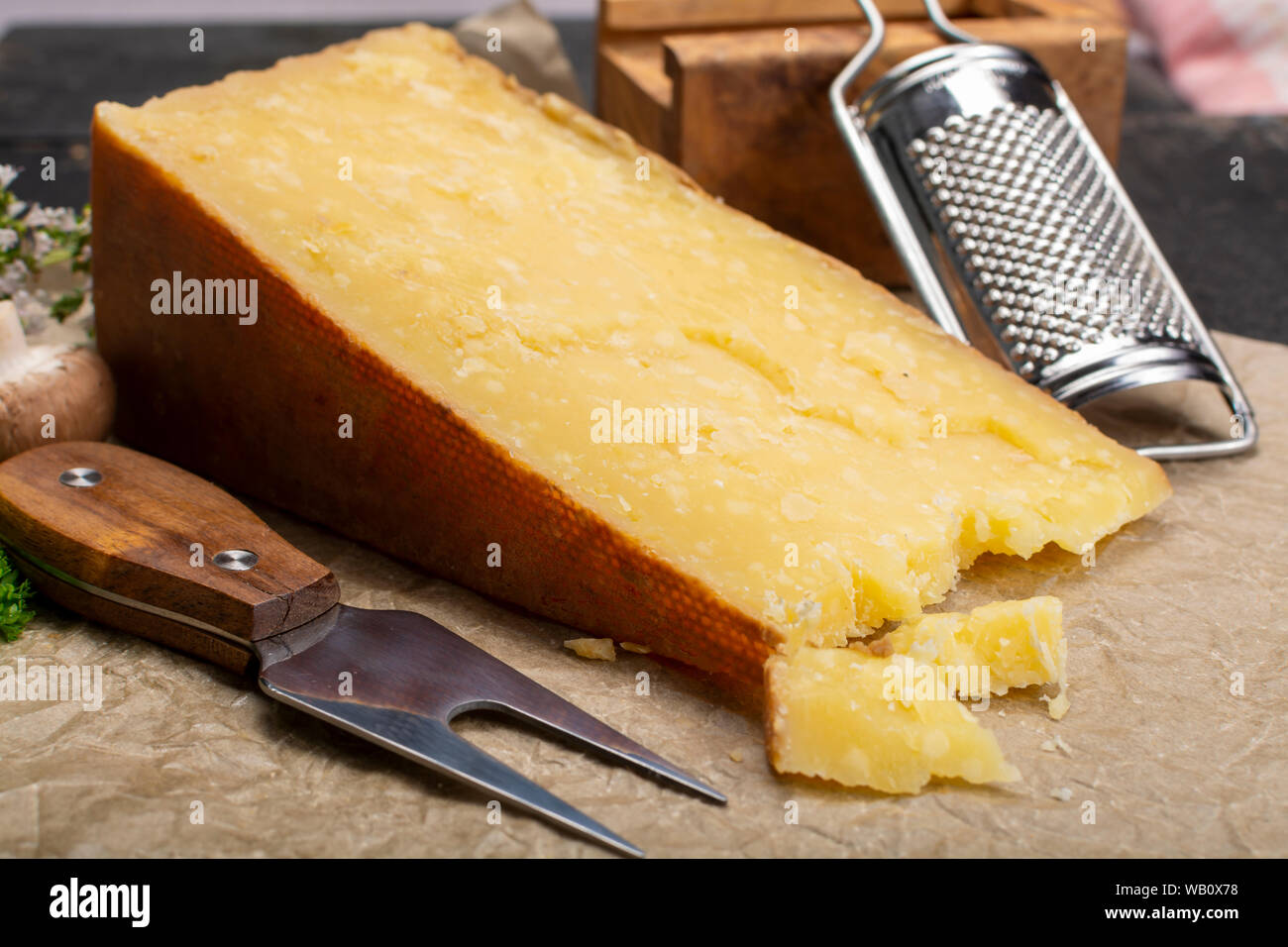 Cheese collection, aged yellow hard, Maniva cheese from Alpine valleys ...