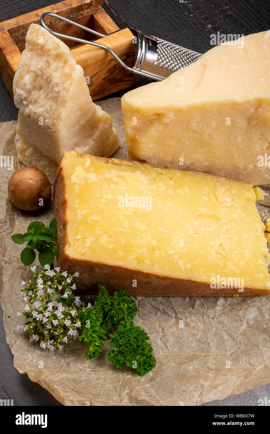 Cheese collection, hard old cheeses from North Italy, aged Maniva ...