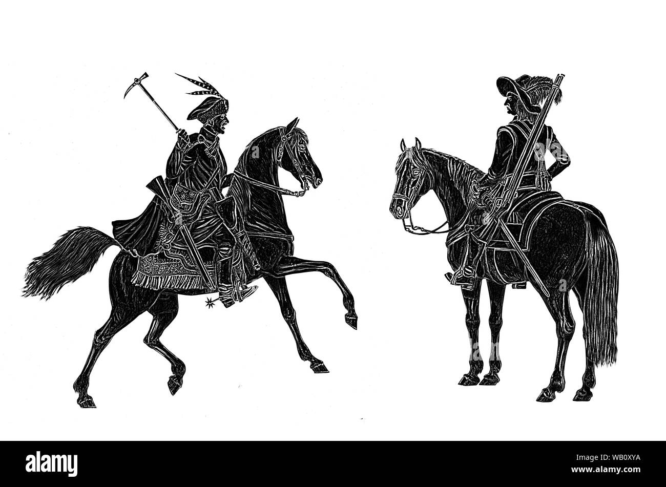 Mounted knights illustration. Mounted musketeer and croatian rider ...