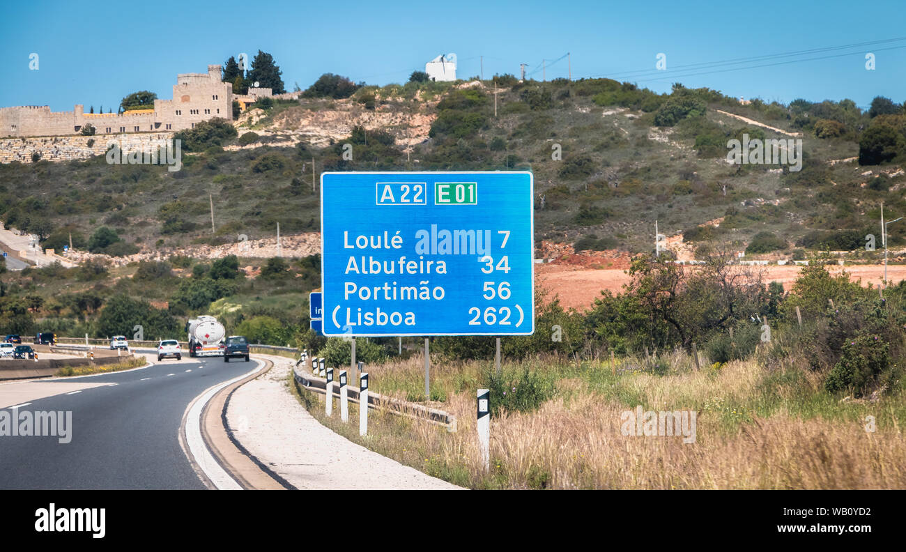 Faro, Portugal - September 16, 2018: blue road sign on A22 highway ...
