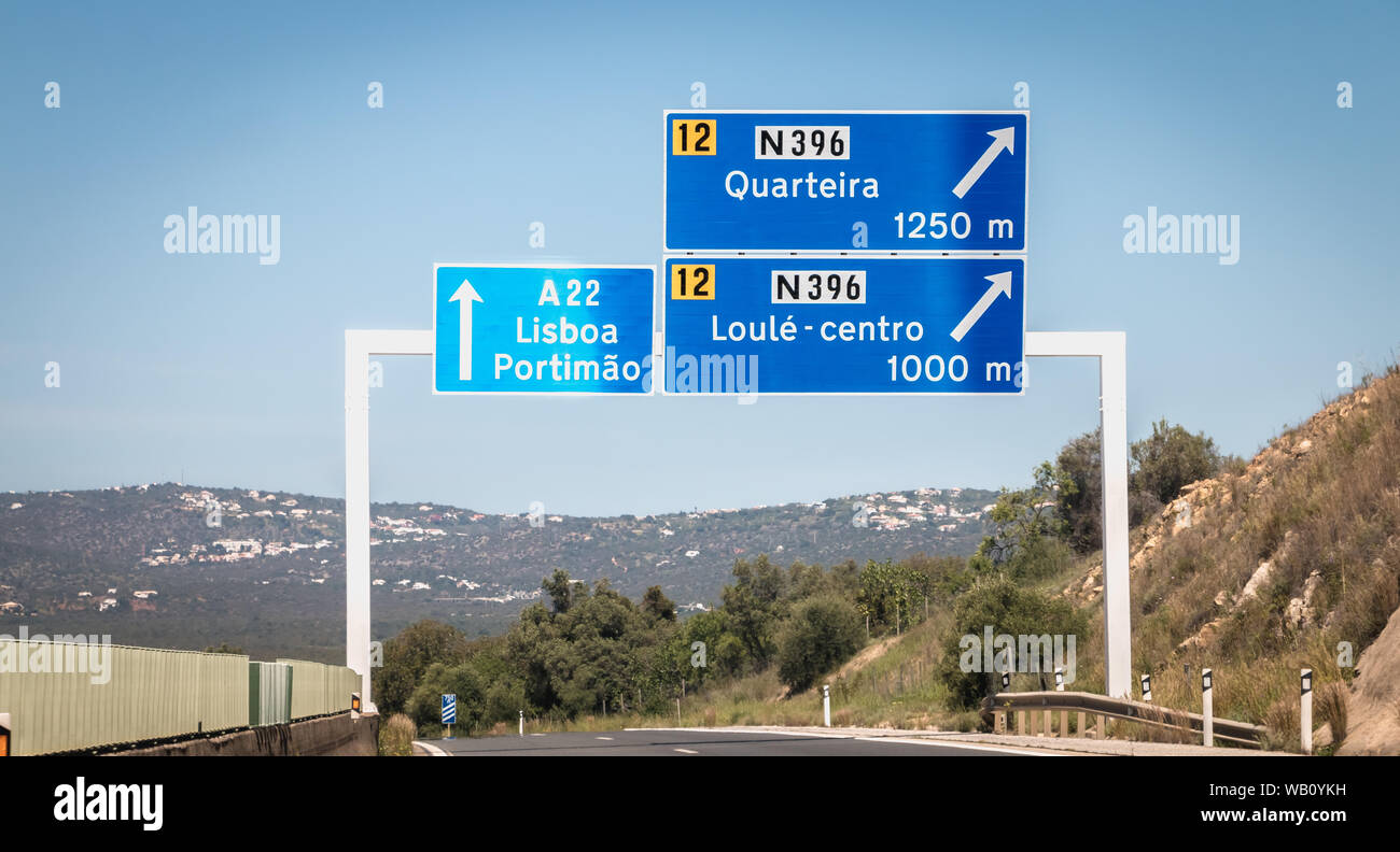 Faro, Portugal - September 16, 2018: blue road sign on A22 highway ...