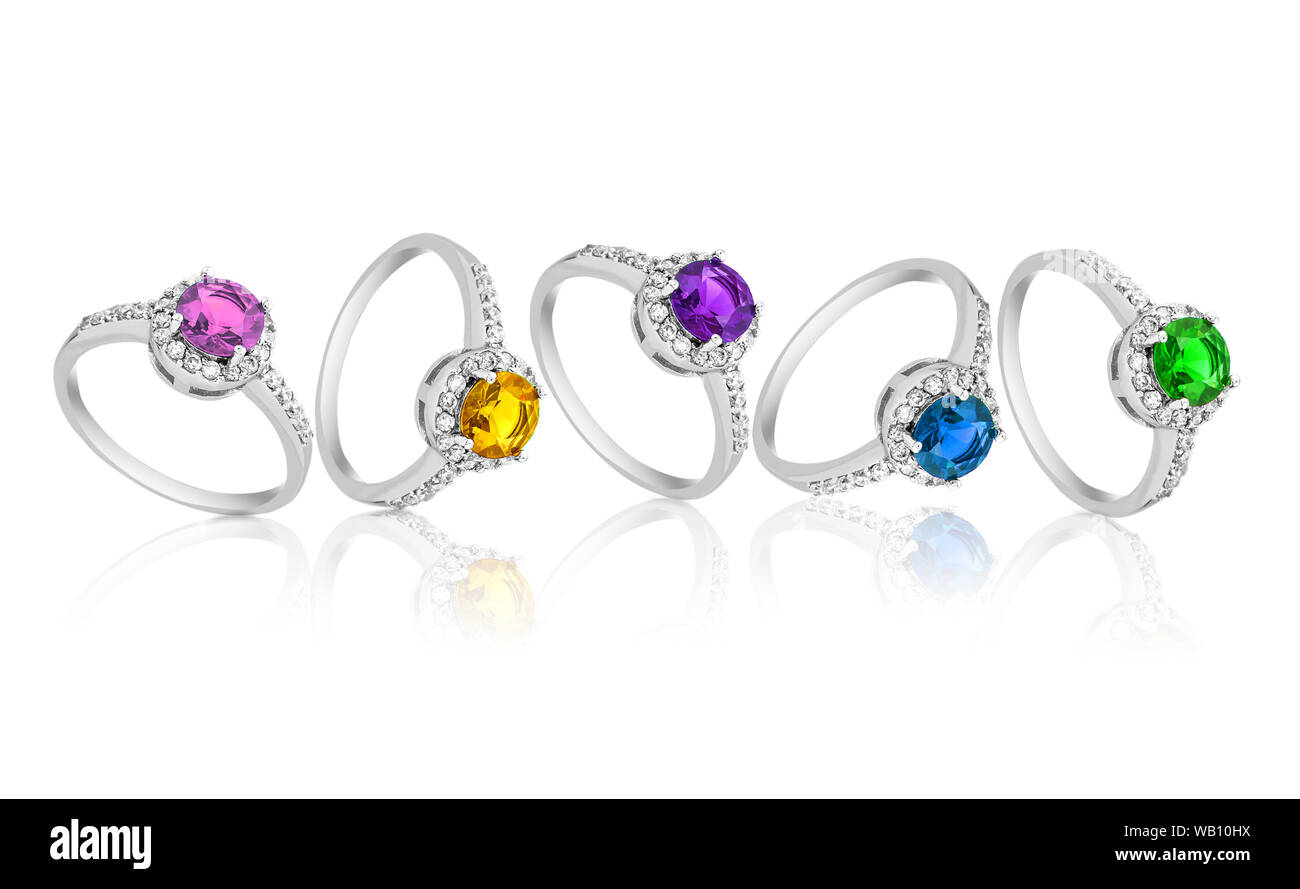 Silver rings with color stones isolated on white background Stock Photo ...