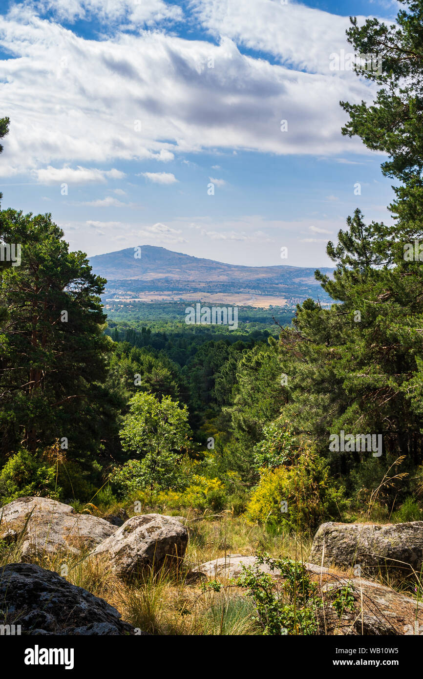 Landscape from the clearing of a forest, with a village and a mountain ...