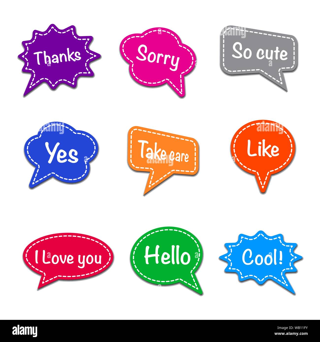 set of bubbles speech with short message, text space with dash line ...