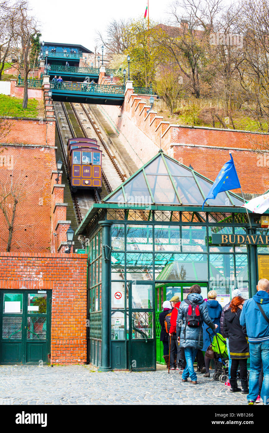Budapest, Hungary - March 29, 2015: Tourists waiting for the cable car ...