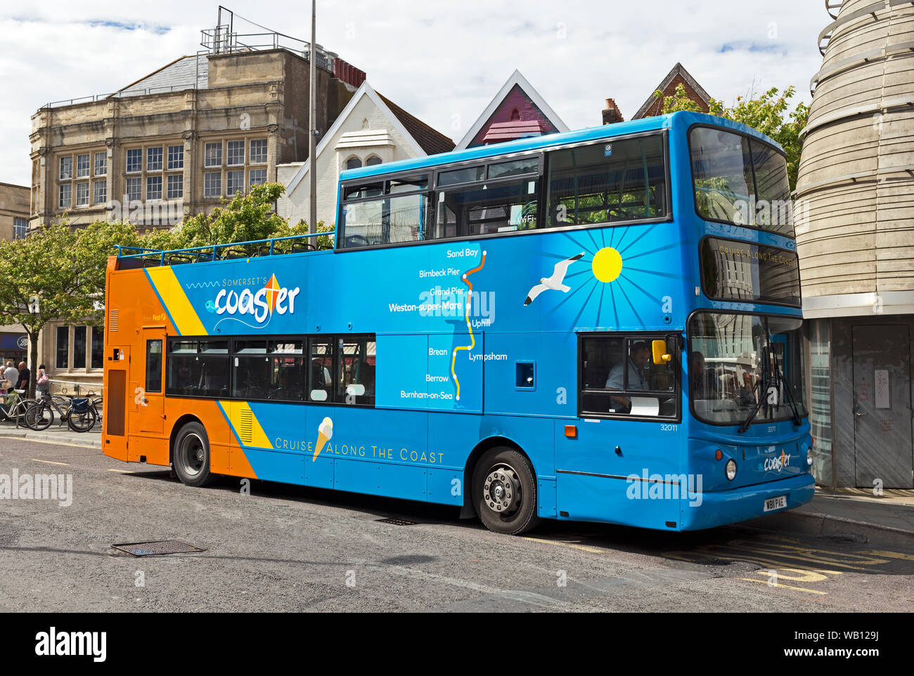 A Coaster open top bus in Weston-super-Mare, UK. The buses run on two ...