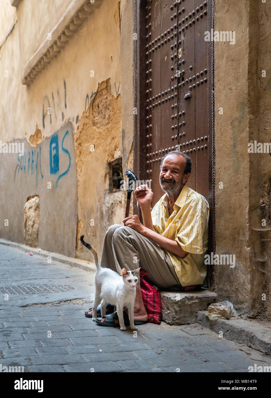 Old man and a stray cat in the medina. Fez Stock Photo - Alamy