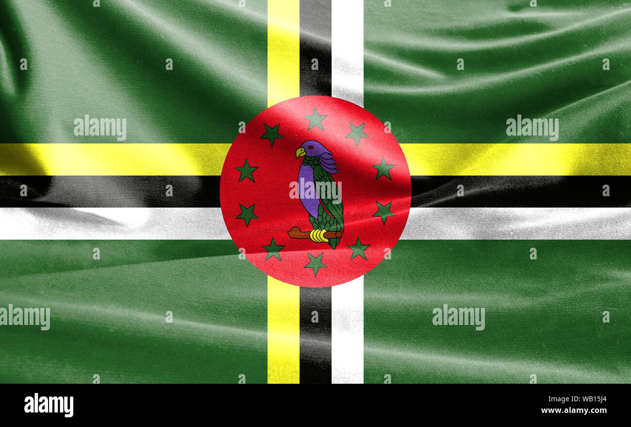 Realistic flag of Dominica on the wavy surface of fabric Stock Photo ...