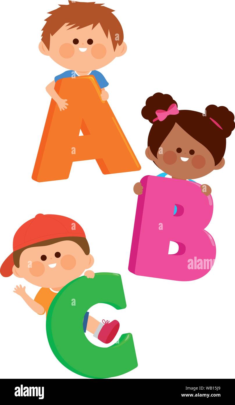 Children holding cartoon colorful letters. Vector illustration Stock ...