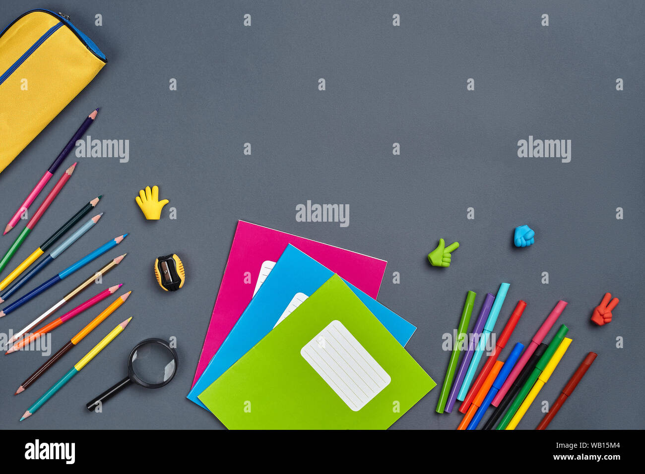Flat lay photo of workspace desk with school accessories or office ...