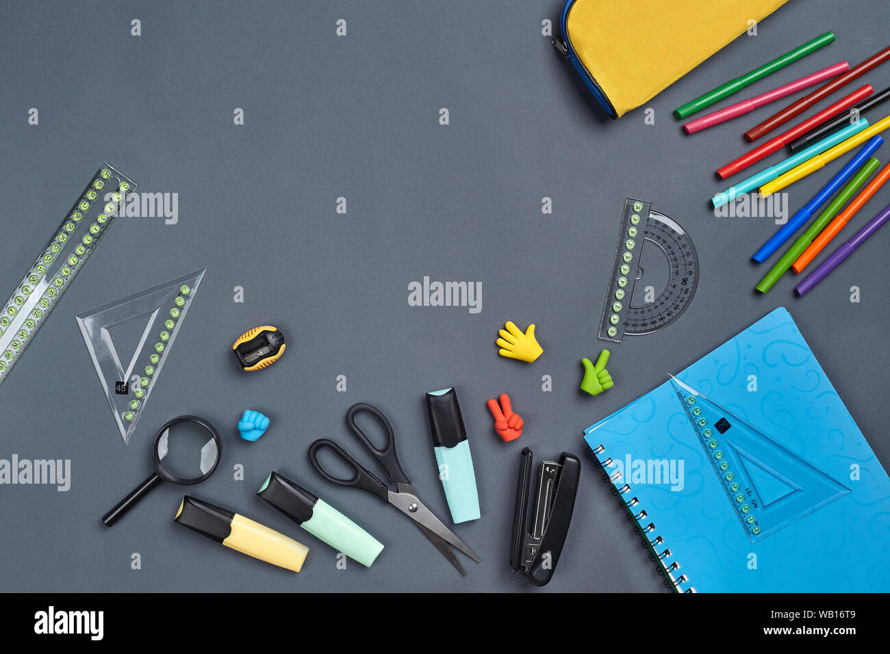 Flat lay photo of workspace desk with school accessories or office ...