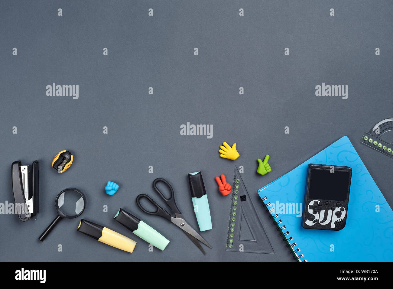 Flat lay photo of workspace desk with school accessories or office ...