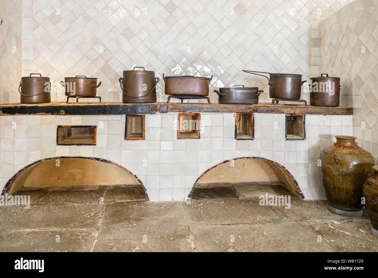 Copper utensils in original vintage kitchen, Sintra, Portugal Stock ...