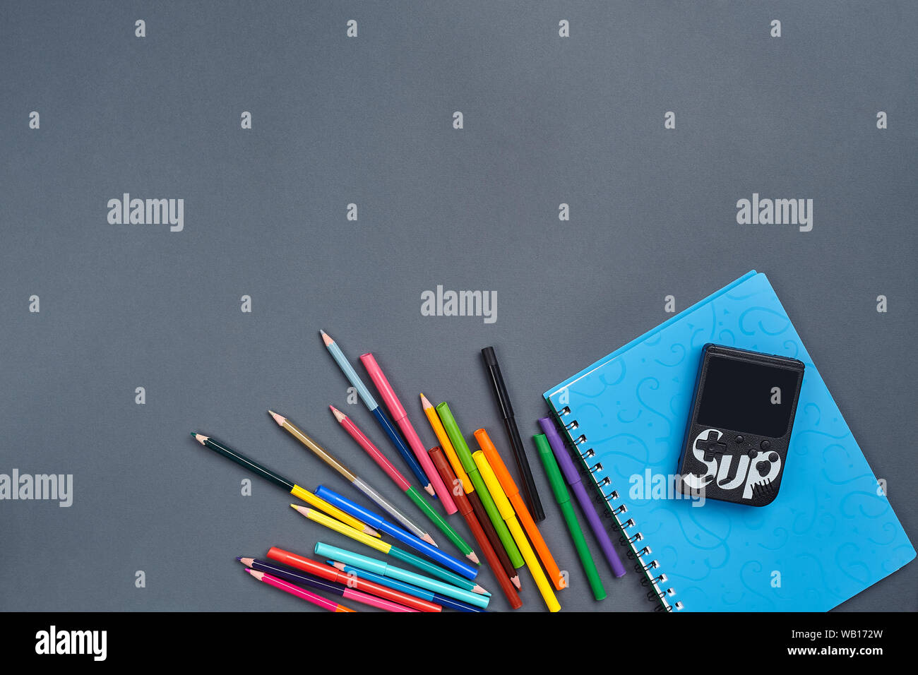 Flat lay photo of workspace desk with school accessories or office ...