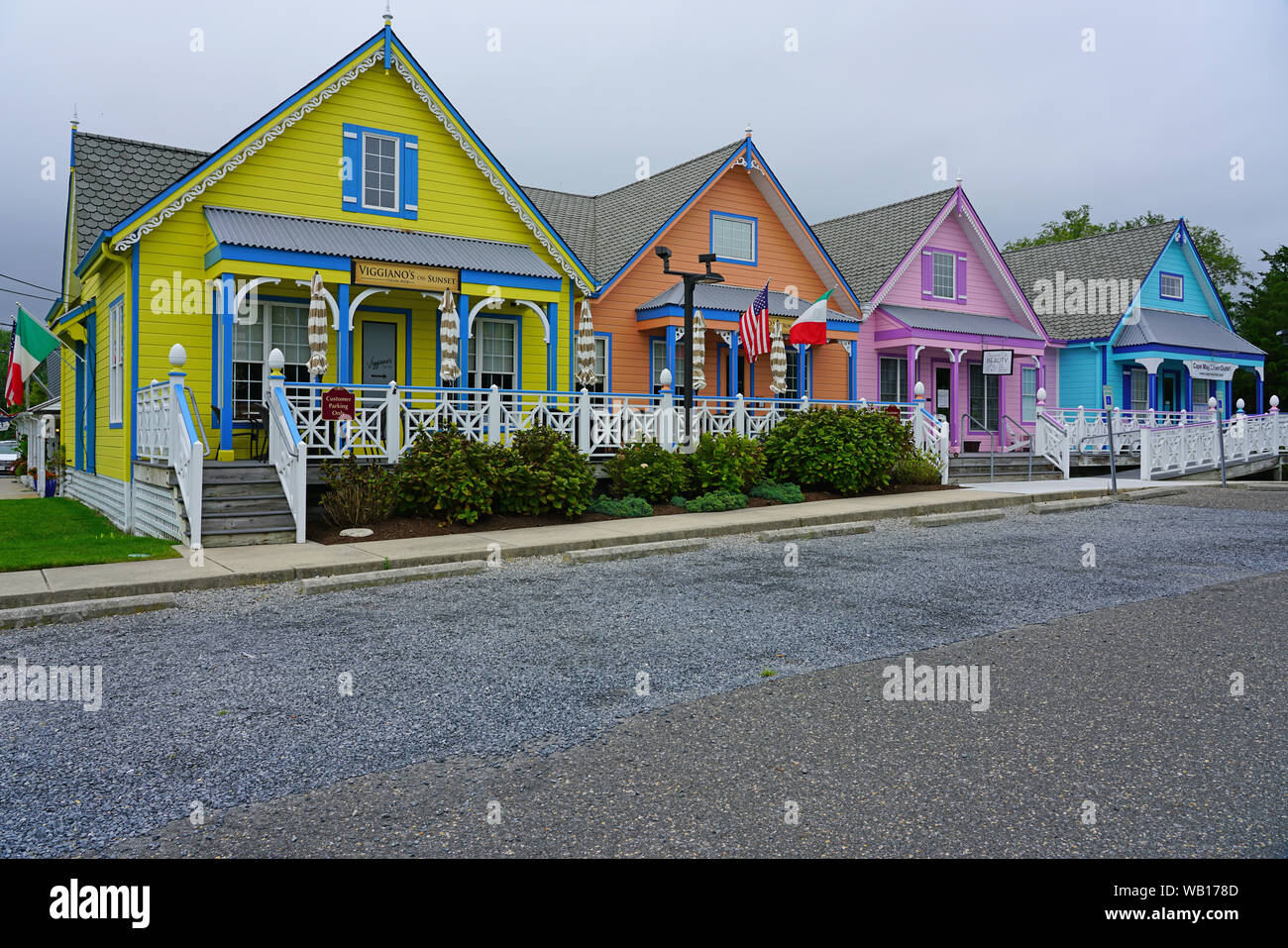 CAPE MAY, NJ -14 AUG 2019- View of colorful historic Victorian houses ...