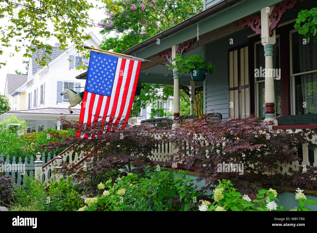 CAPE MAY, NJ -14 AUG 2019- View of colorful historic Victorian houses ...