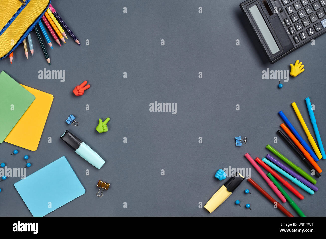 Flat lay photo of workspace desk with school accessories or office ...