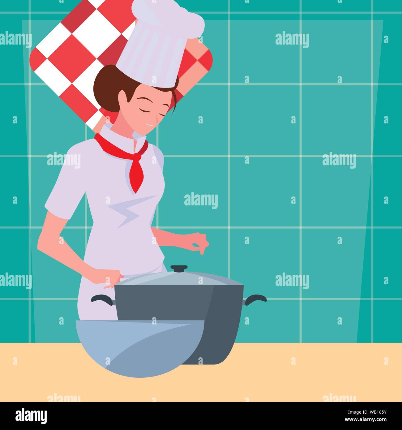 woman chef pot and bowl preparation cooking vector illustration Stock ...