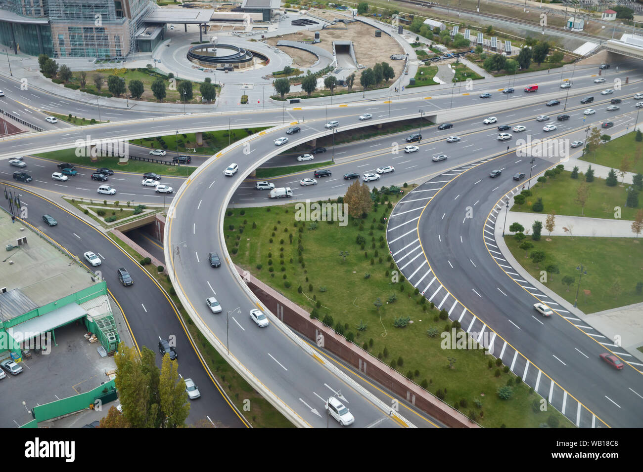 Bridges, roads. Top view . Aerial view of highway and overpass in city ...