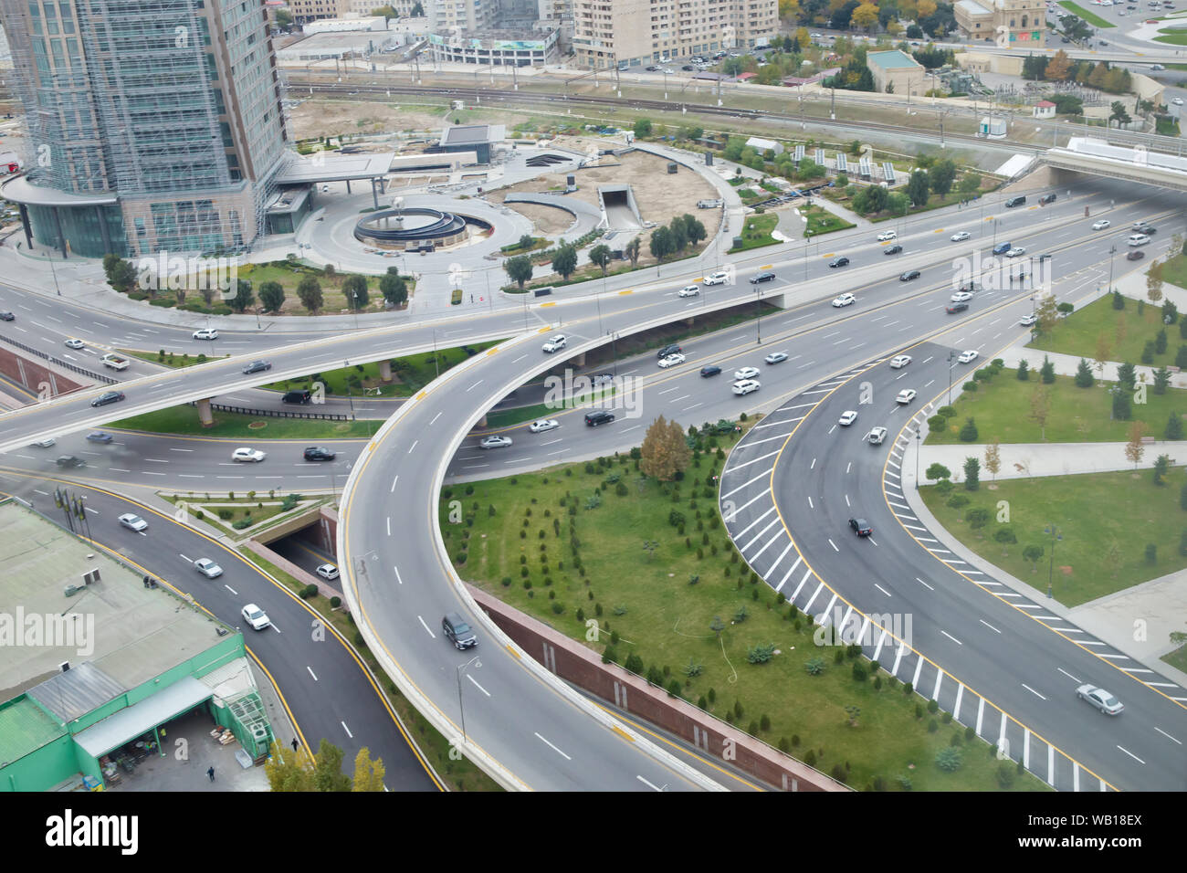 Bridges, roads. Top view . Aerial view of highway and overpass in city ...
