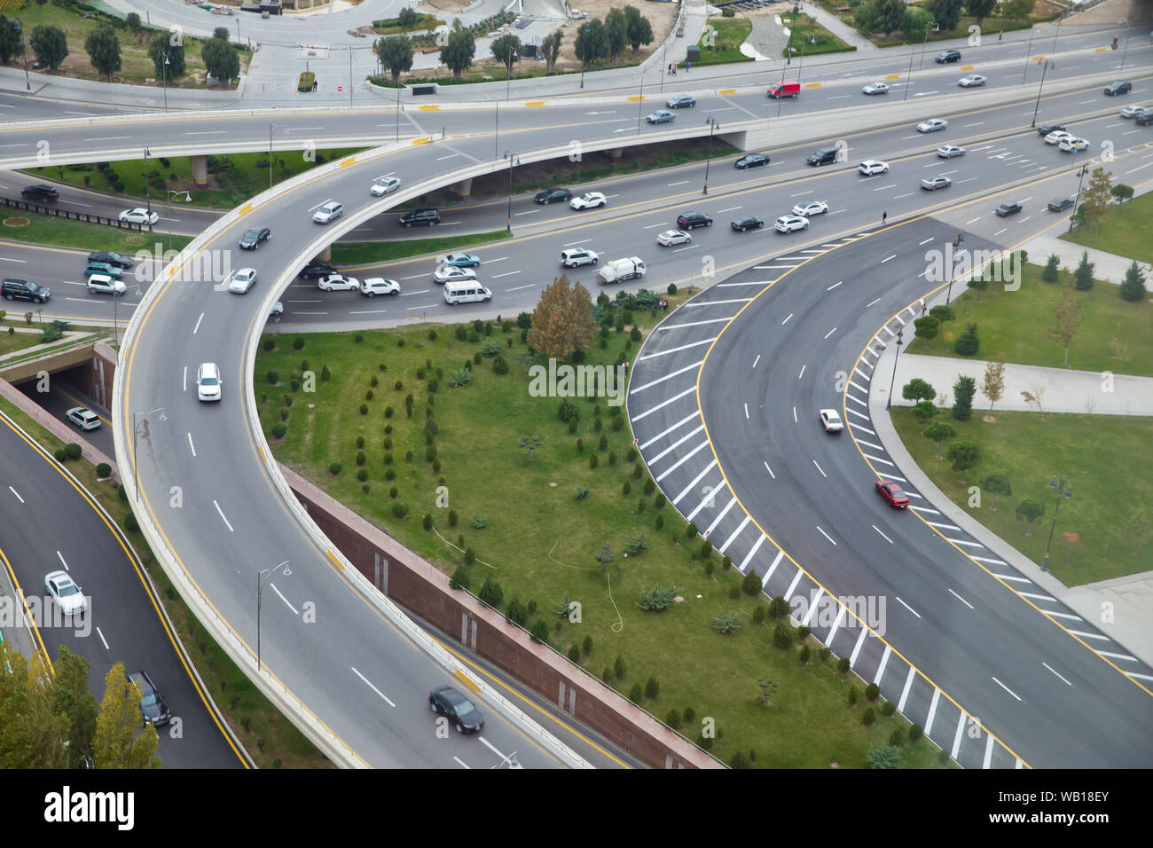 Bridges, roads. Top view . Aerial view of highway and overpass in city ...