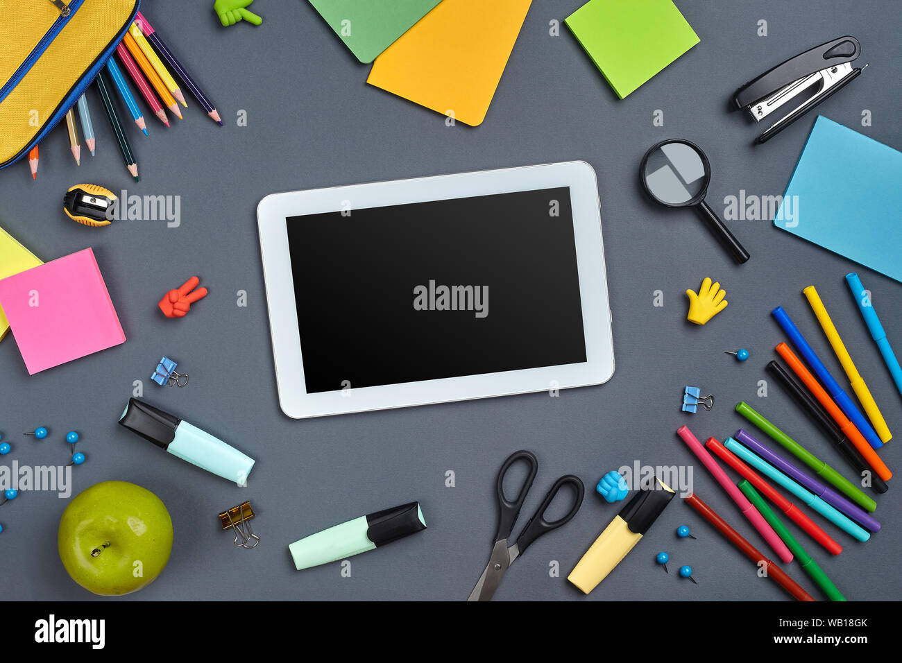 Flat lay photo of workspace desk with school accessories or office ...