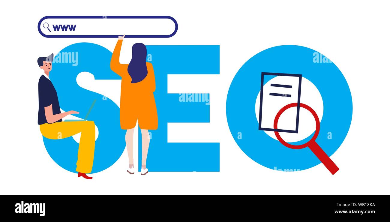 SEO search engine optimization. Illustration of man and woman optimize ...