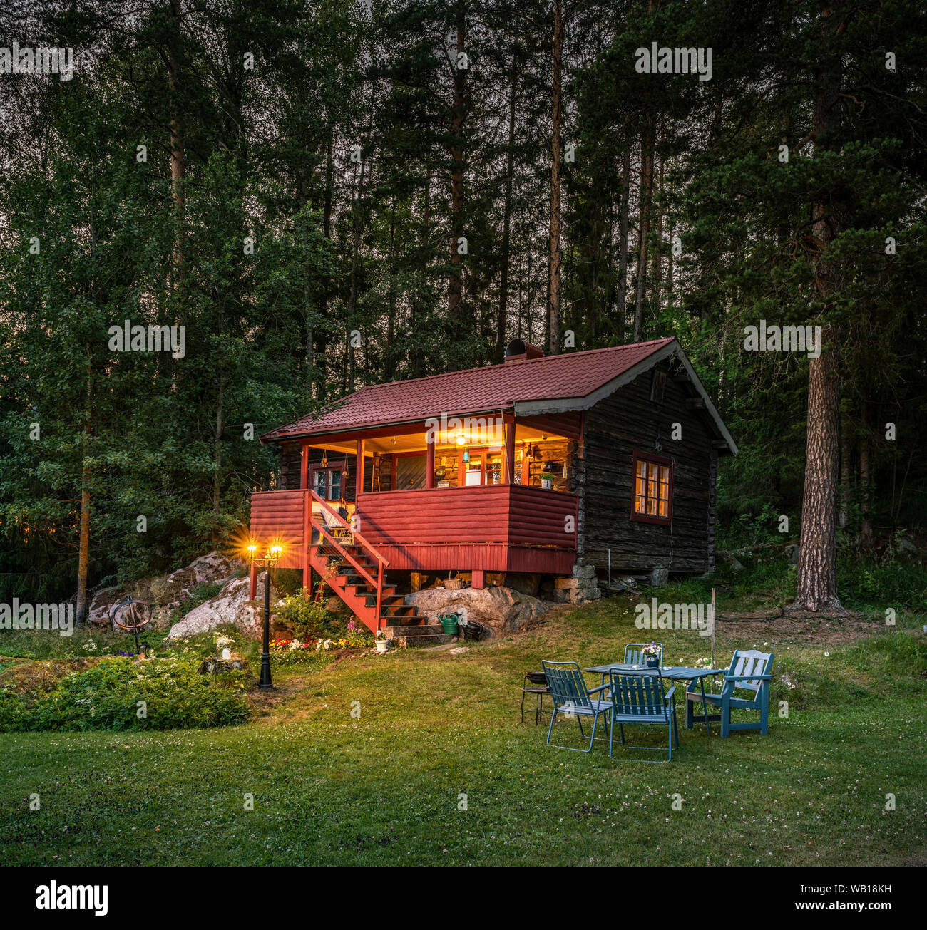 Idyllic cottage and garden at night. Dalarna / Dalecarlia, Sweden ...