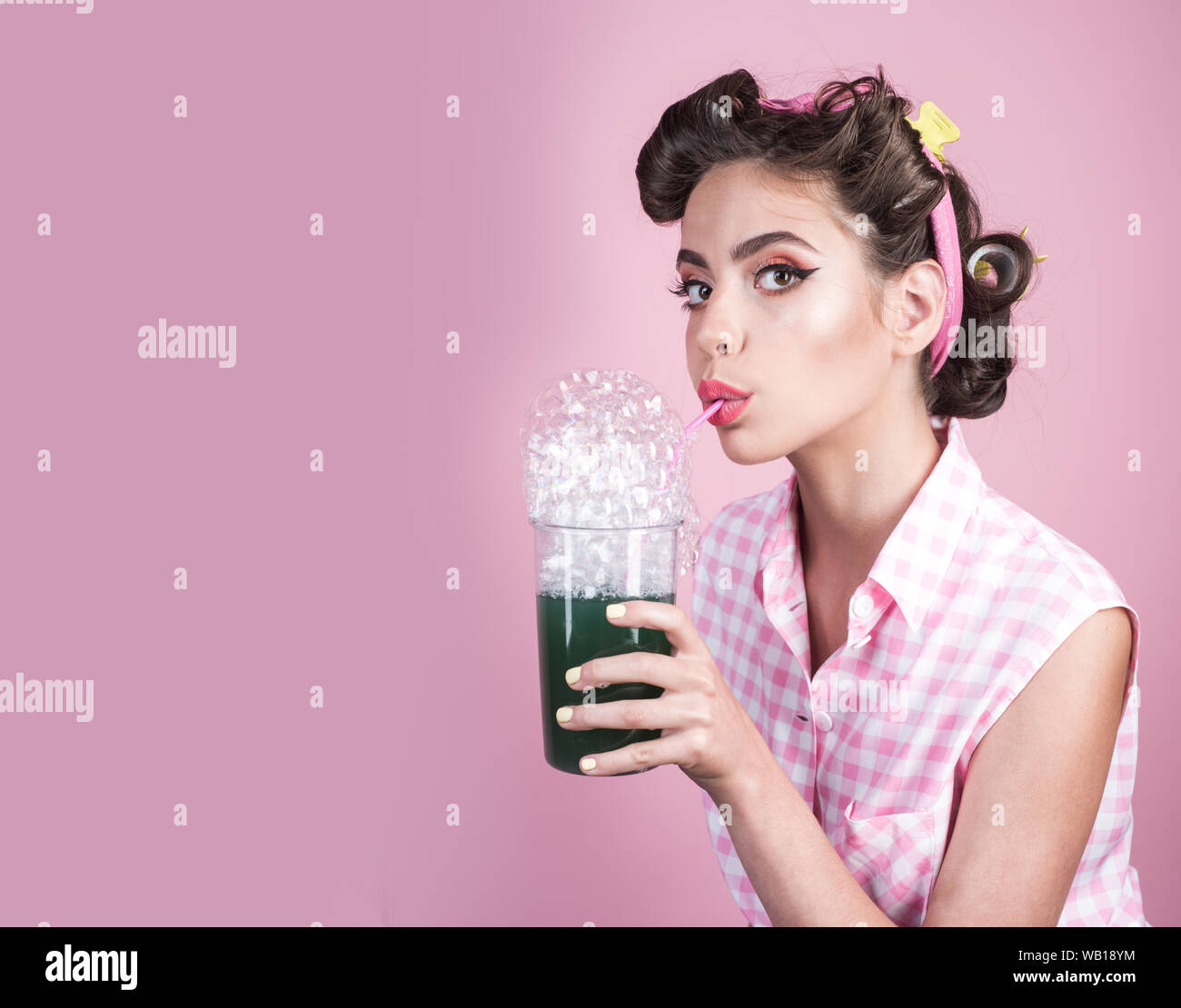 retro woman drink summer cocktail. pinup girl with fashion hair ...