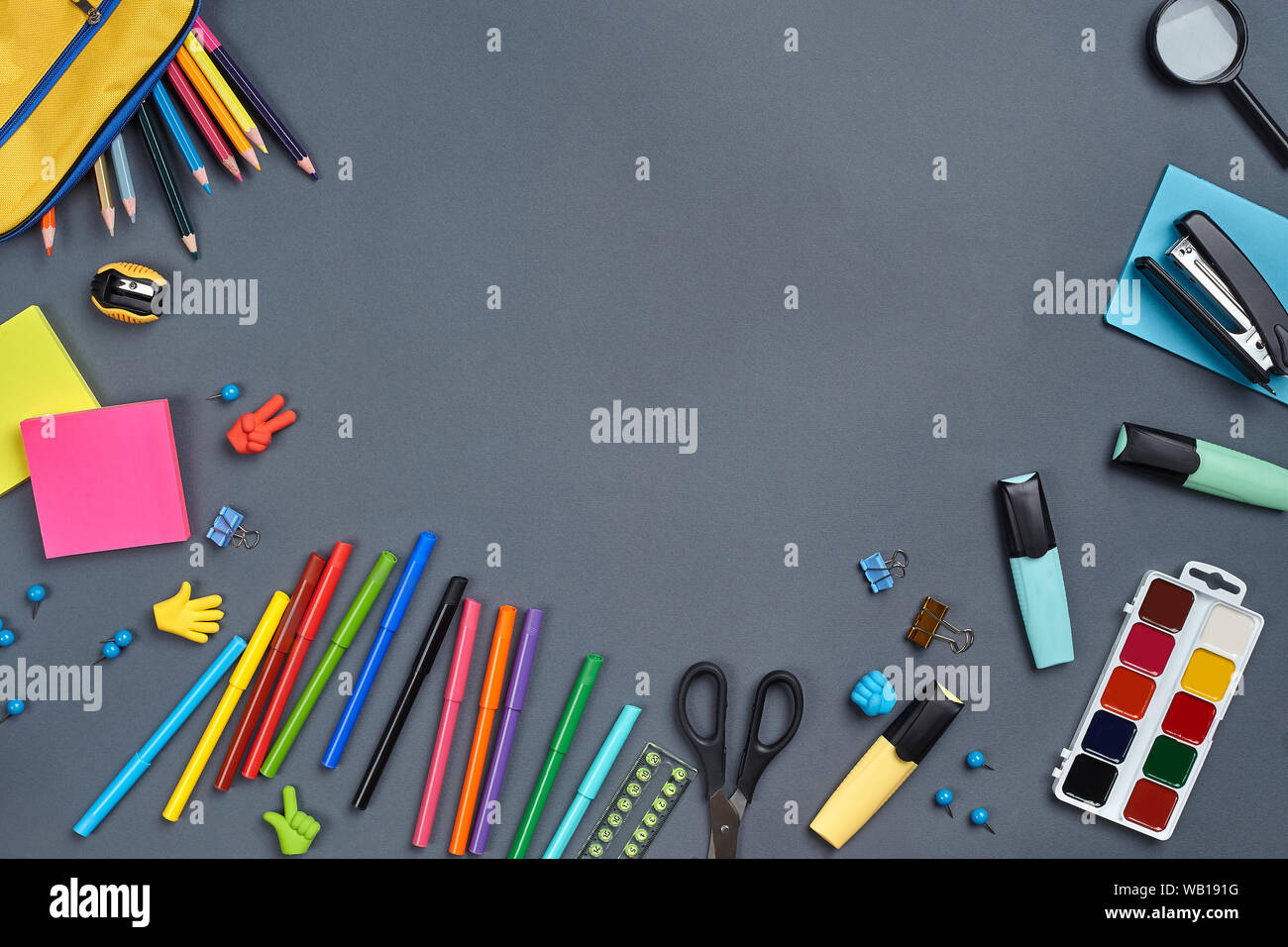 Flat lay photo of workspace desk with school accessories or office ...