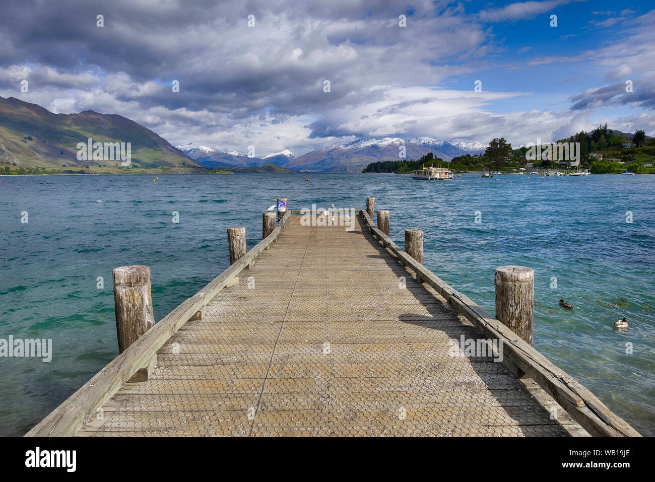 New Zealand, South Island, Lake Wanaka, jetty at Roys Bay Stock Photo ...