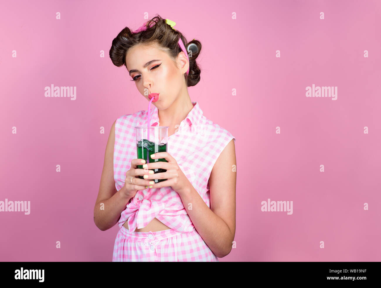 perfect housewife. pinup girl with fashion hair. retro woman drink ...