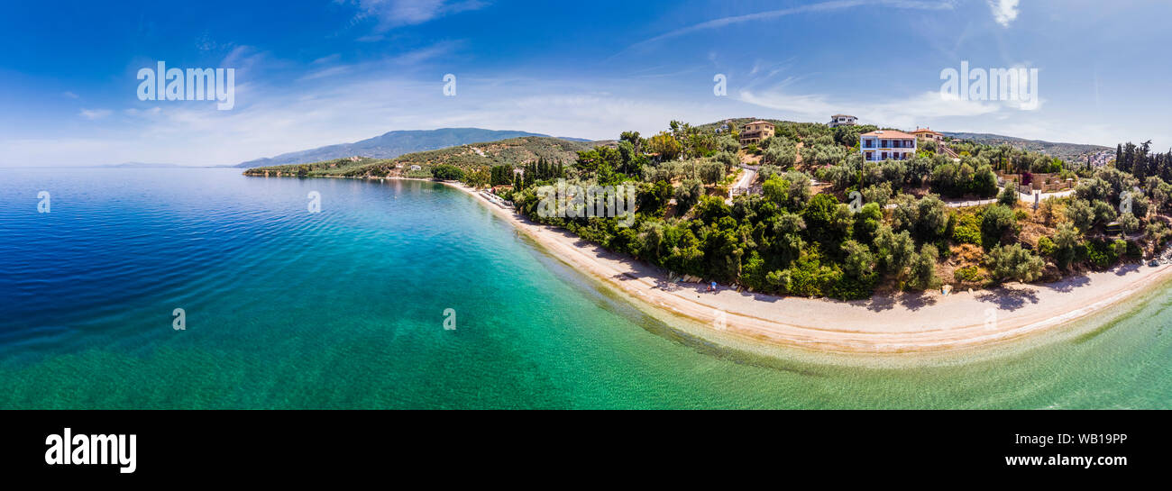 Greece, Aegean Sea, Pagasetic Gulf, Aerial view of Afissos, beach Stock ...