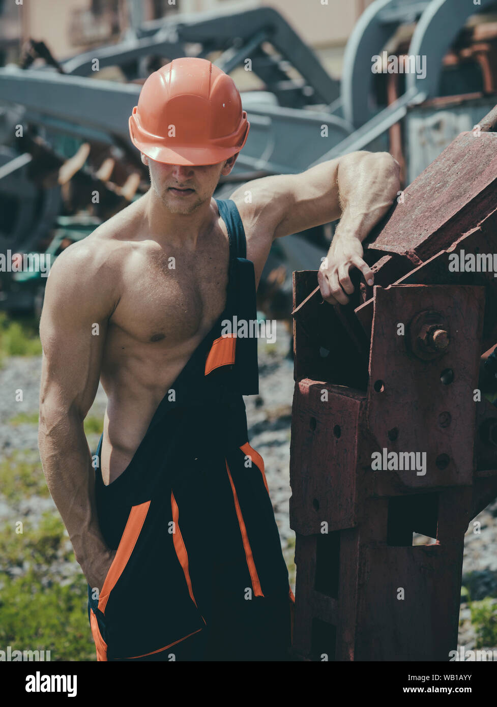 Construction worker concept. Construction worker rest at heavy ...