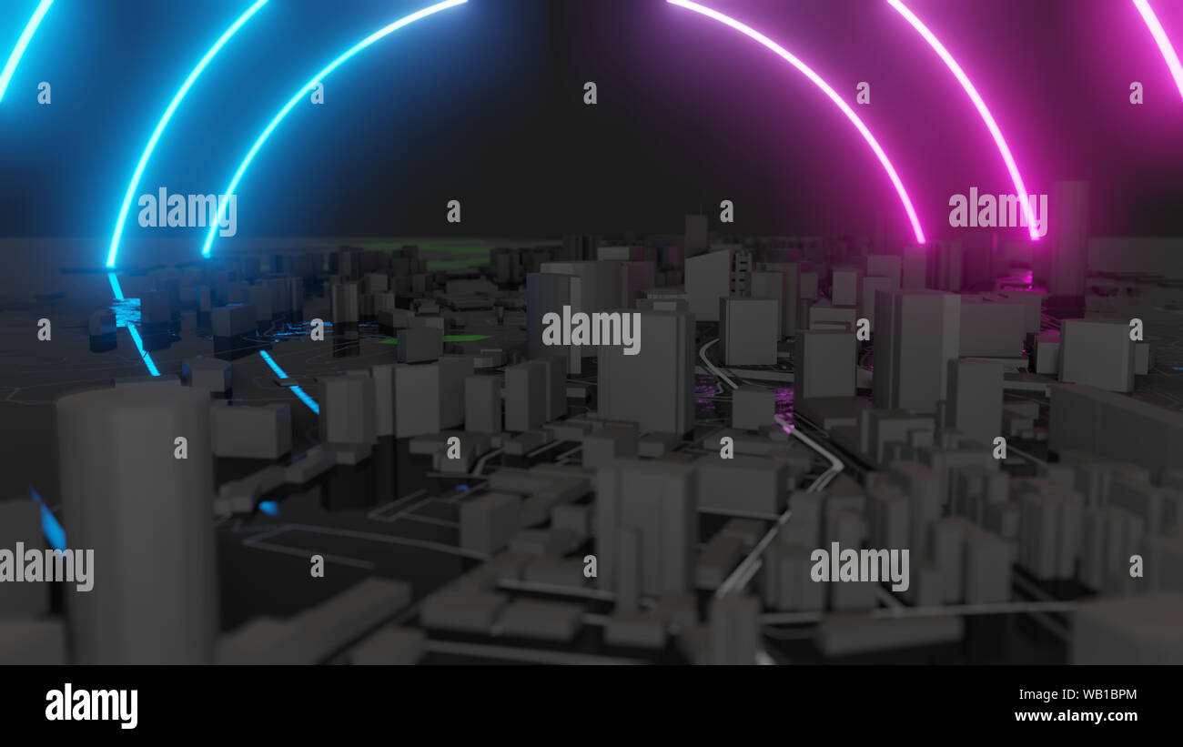Futuristic night city. Cityscape with bright and glowing neon purple ...