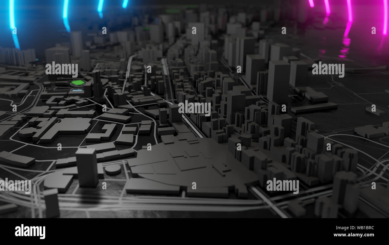 Futuristic night city. Cityscape with bright and glowing neon purple ...
