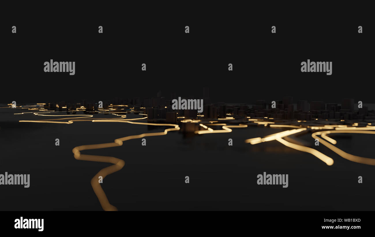 Modern city traffic road at night. Cyberpunk style 3D illustration ...