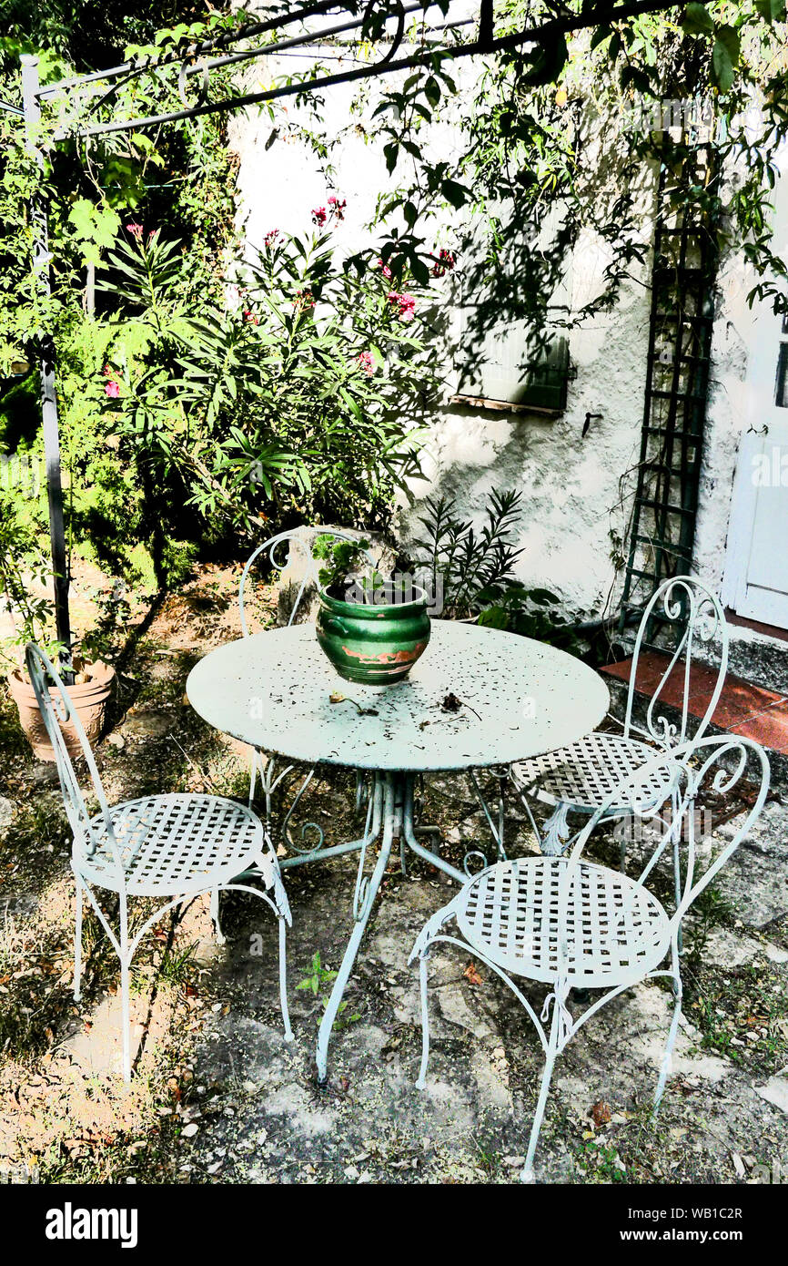 Southern France summertime terrace, Digitally filtered view, Alès, Gard ...