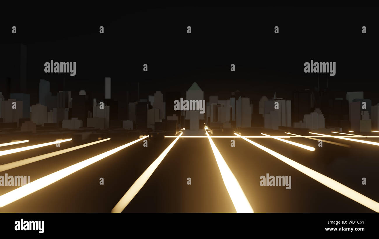 Modern city traffic road at night. Cyberpunk style 3D illustration ...