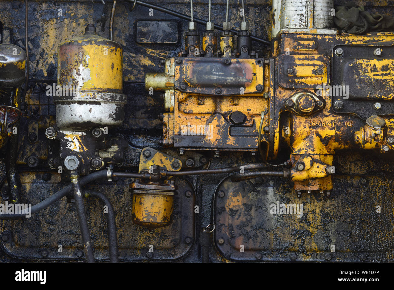 Factory, manufacture equipment. Machinery with oil dirt on grunge metal ...