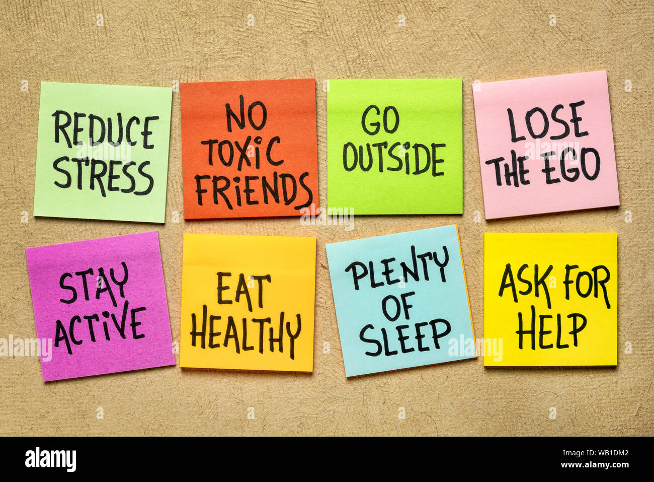 healthy lifestyle reminders - handwriting on a set of colorful sticky ...