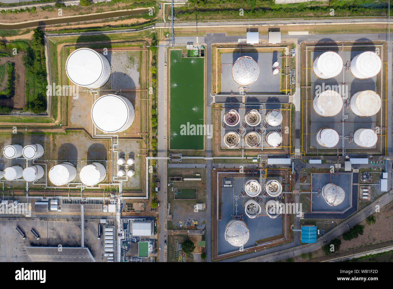 Aerial view oil terminal is industrial facility for storage of oil and ...