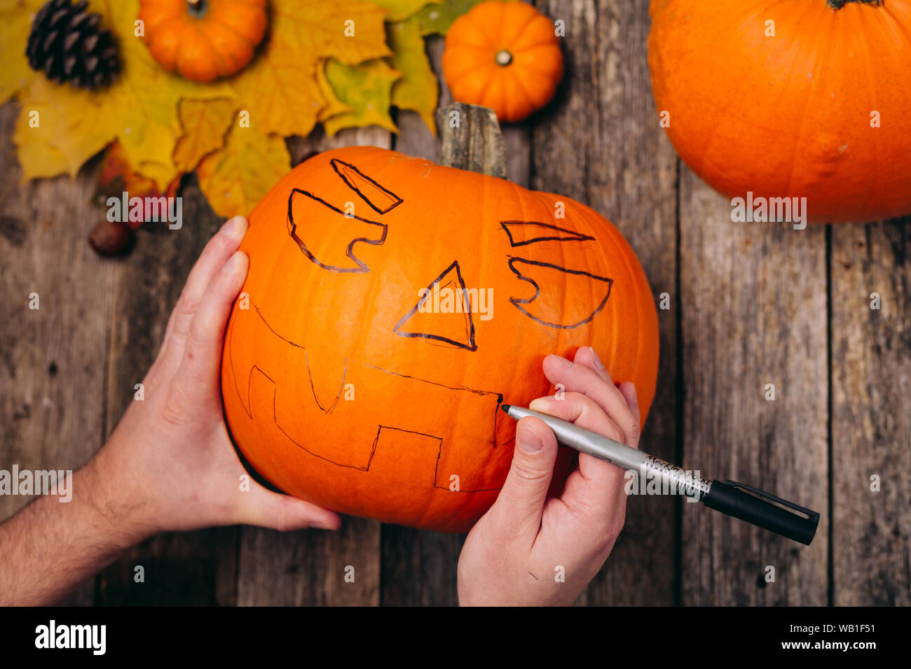 Autumn mystery. Halloween decoration concept. Close up hands with ...